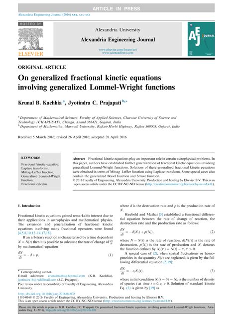 Pdf On Generalized Fractional Kinetic Equations Involving Generalized