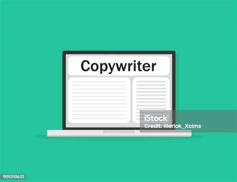 카피라이터 작성 문서 벡터 일러스트 레이 션 노트북에서 작업 평면 판지 직장 테이블 컴퓨터 사람 카피 라이팅 텍스트 화면에 늪지