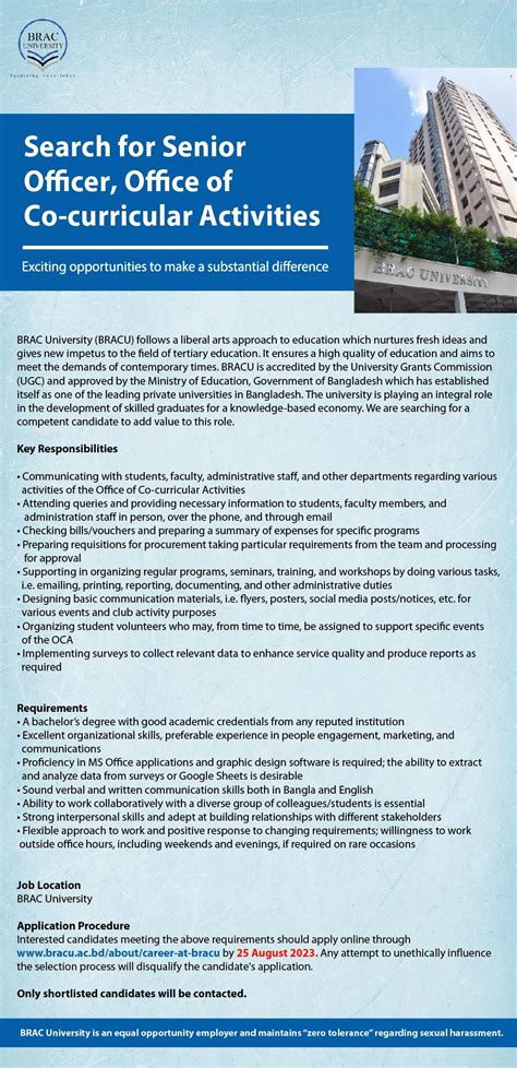 Job Opening At Brac University Position Senior Officer Office Of Co Curricular Activities