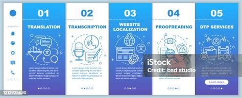 모바일 웹 페이지 벡터 템플릿을 온보딩 텍스트 서비스 번역 선형 일러스트와 응답 스마트 폰 웹 사이트 인터페이스 아이디어 웹 페이지 연습 단계 화면입니다 색상 컨셉 5에
