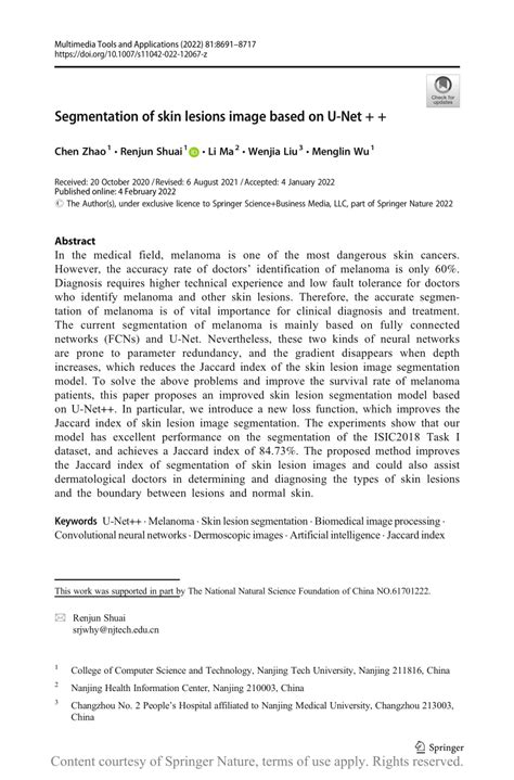 Segmentation Of Skin Lesions Image Based On U Net Request PDF