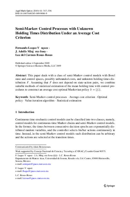 Pdf Semi Markov Control Processes With Unknown Holding Times