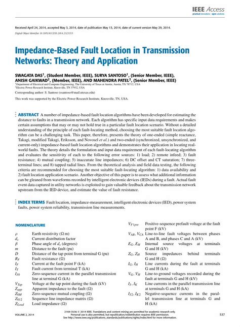 Pdf Impedance Based Fault Location In Transmission Networks Theory