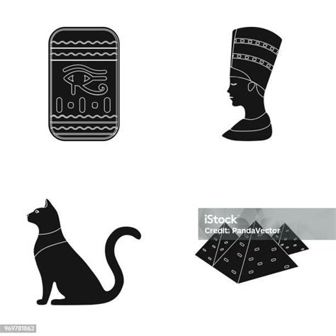 Horus 검은 이집트 고양이 피라미드 Nefertitiancient 이집트의 머리의 눈 블랙 스타일 벡터 기호 재고 일러스트 레이 션 웹에서 컬렉션 아이콘을 설정합니다