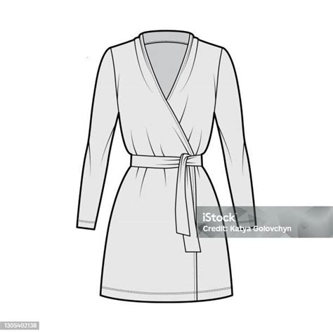 깊은 V넥 긴 소매 오버사이즈 미니 길이 연필 컷 넥타이를 갖춘 랩 드레스 테크니컬 패션 일러스트 0명에 대한 스톡 벡터 아트