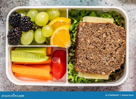 Green School Lunch Box With Sandwich Fresh Fruits Cucumber And Carrot