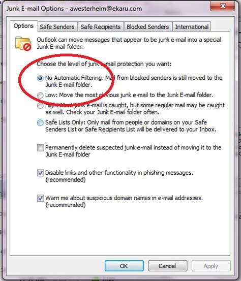 Junk EMail Settings In Microsoft Outlook