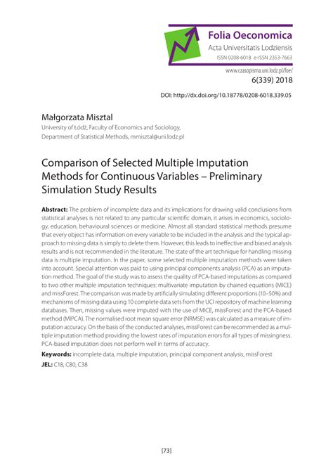 PDF Comparison Of Selected Multiple Imputation Methods For Continuous Variables Preliminary