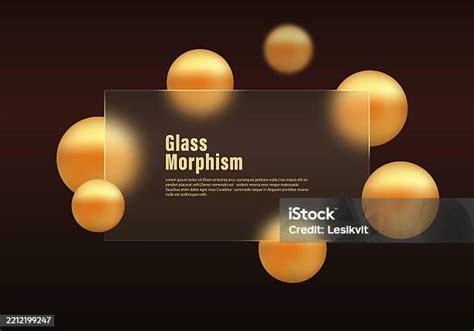 투명한 재료 정보 패널이 있는 어두운 배경에 떠 있는 황금 구체의 그림 유리 Morphism 스타일 웹 사이트 방문 페이지 템플릿 0명에 대한 스톡 벡터 아트 및 기타