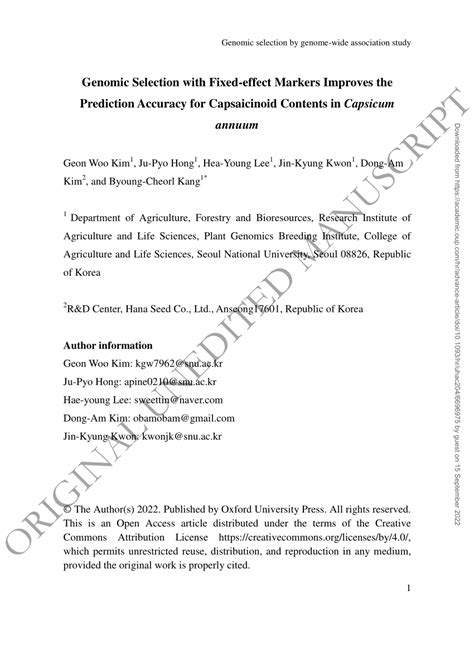 Pdf Genomic Selection With Fixed Effect Markers Improves The Prediction Accuracy For