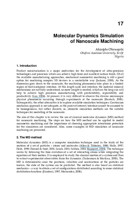 Pdf Molecular Dynamics Simulation Of Nanoscale Machining