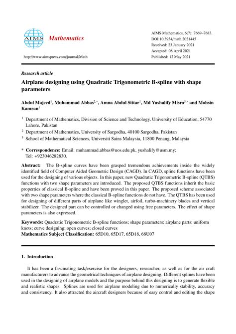 Pdf Airplane Designing Using Quadratic Trigonometric B Spline With