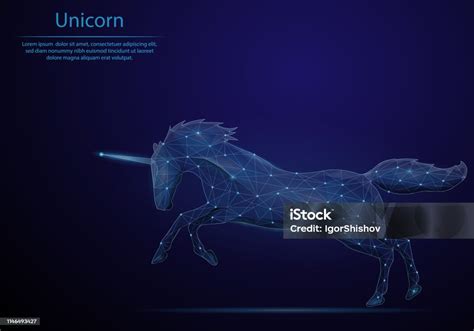 행성 별과 우주의 형태로 포인트 라인 모양으로 구성 된 별이 빛나는 하늘의 형태로 유니콘의 추상적 인 이미지 낮은 폴 리 벡터 배경입니다 유니콘에 대한 스톡 벡터 아트 및
