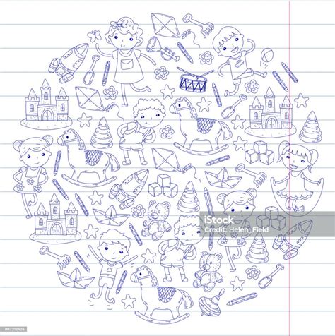 유치원 유치원 보육원 교육 어린이 낙서 패턴 아이 놀이 공부 하는 남자와 여자와 아이 드로잉 아이콘 공간 모험 탐험 상상력 개념 2 3 살에 대한 스톡 벡터 아트 및 기타