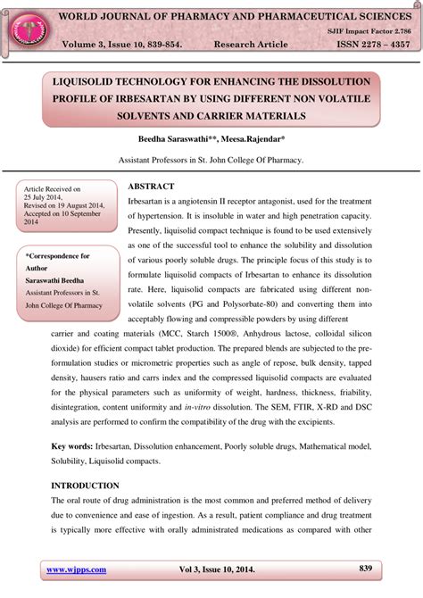 Pdf Liquisolid Technology For Enhancing The Dissolution Profile Of Irbesartan By Using