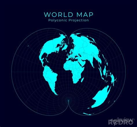 Map Of The World American Polyconic Projection Futuristic Infographic • Wall Stickers Datum