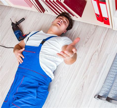 Unsafe Behavior Concept With Falling Worker Stock Image Image Of Helmet Drill