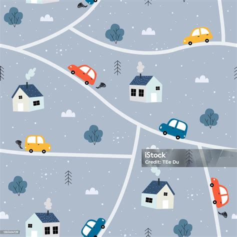 매끄러운 패턴 길에서 달리는 오래된 자동차와 시골 마을의 배경 귀여운 디자인은 만화 스타일로 손으로 그린 차에 대한 스톡 벡터 아트 및 기타 이미지 Istock