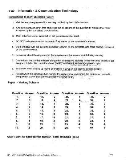 2009 O L Information And Communication Technology Marking Scheme