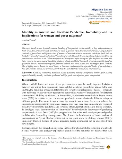Pdf Migration Letters Mobility As Survival And Freedom Pandemic