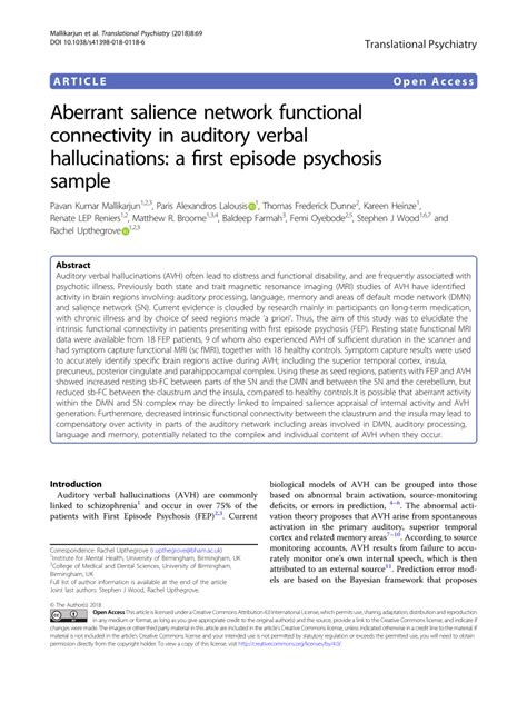 Pdf Aberrant Salience Network Functional Connectivity In Auditory Verbal Hallucinations A