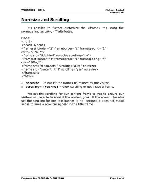 Handout Html Frames DOC Web Design And HTML Internet