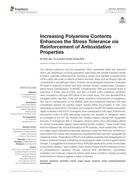 Pdf Increasing Polyamine Contents Enhances The Stress Tolerance Via