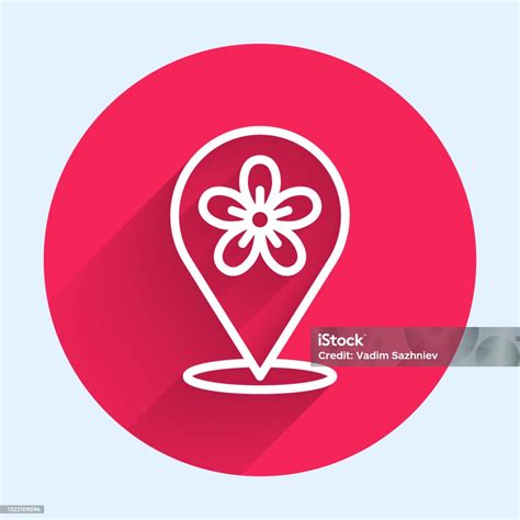 긴 그림자로 고립 된 꽃 아이콘이있는 흰색 줄 위치 위치 빨간색 원 버튼입니다 벡터 0명에 대한 스톡 벡터 아트 및 기타 이미지 0명 개화기 꽃 식물 Istock