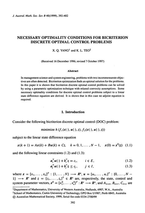 PDF Necessary Optimality Conditions For Bicriterion Discrete Optimal Control Problems