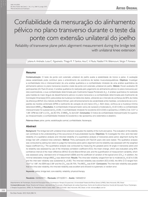 Pdf Reliability Of Transverse Plane Pelvic Alignment Measurement During The Bridge Test With