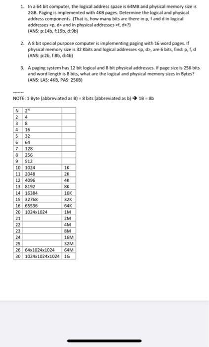 Solved 1 In A 64 Bit Computer The Logical Address Space Is
