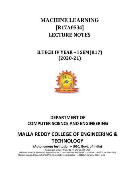 Machine Learningr17a0534 Machine Learning R17a0534 Lecture Notes