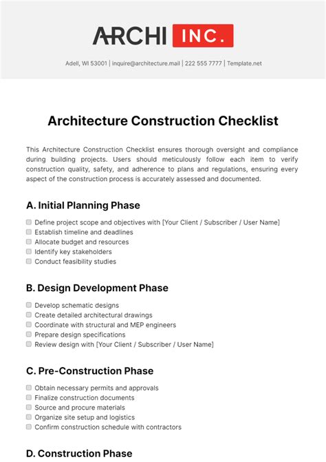 Free Architecture Construction Checklist Template To Edit Online