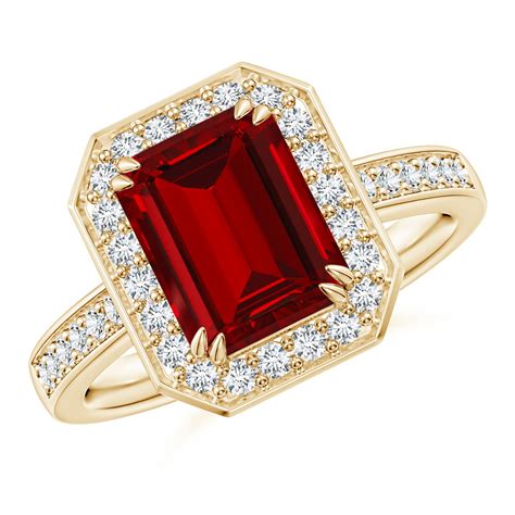 Lab Grown Emerald Cut Ruby Engagement Ring With Lab Diamond Halo