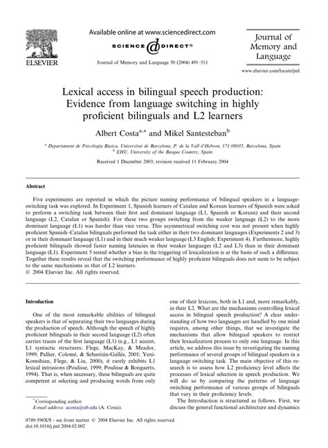 Pdf Lexical Access In Bilingual Speech Production Evidence From