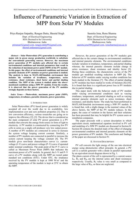 Pdf Influence Of Parametric Variation In Extraction Of Mpp From Solar Pv Modules