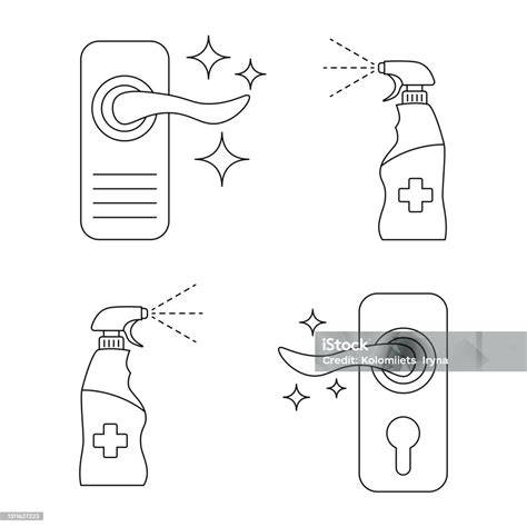 문 손잡이 소독 도어 핸들과 항균 스프레이 위생 및 위생 표지판 소독제 스프레이로 도어 핸들을 소독합니다 편집 가능한 스트로크 벡터 기호 가정 생활에 대한 스톡 벡터 아트