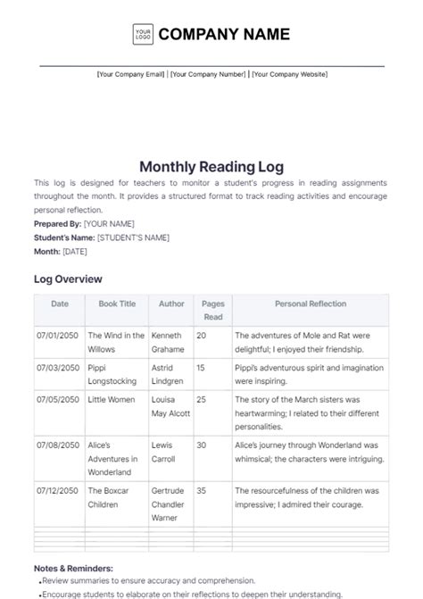 Free Reading Log Templates Editable And Printable