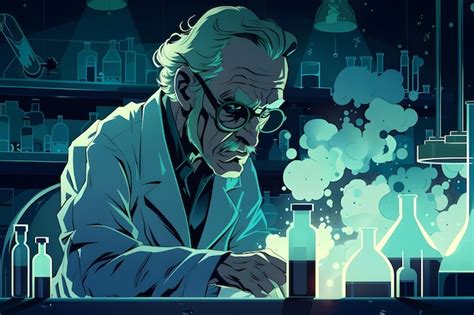 Científico Animado En Dibujo De Laboratorio De Investigador Con Tubo De Ensayo Y Productos