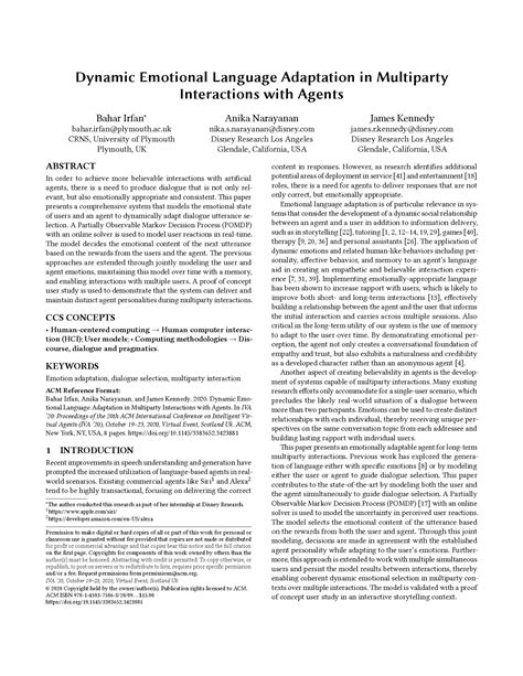 Dynamic Emotional Language Adaptation In Multiparty Interactions With Agents Disney Research