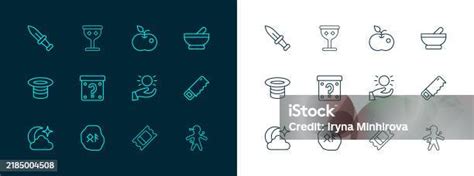 세트 라인 마녀 가마솥 마법 룬 손 위에 떠 있는 공 서커스 티켓 미스터리 박스 독 사과 단검 및 중세 잔 아이콘 벡터 가공의 인물에 대한 스톡 벡터 아트 및 기타 이미지