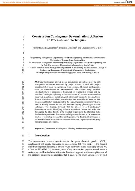 Pdf Construction Contingency Determination A Review Of Processes And
