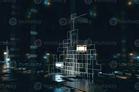 Glowing Cubes With Circuit Lines With Dark Background D Rendering Stock Photo At