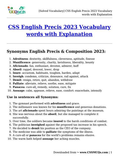 solved vocabulary css english precis 2023 vocabulary words with