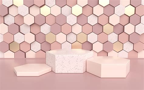 기하학적 모양의 3d 렌더링 스튜디오 바닥에 연단 제품 프레젠테이션을 위한 플랫폼 배경 모의 미니멀 한 디자인 파스텔 및 골드 색상의 추상적 구성 연단에 대한 스톡 사진 및