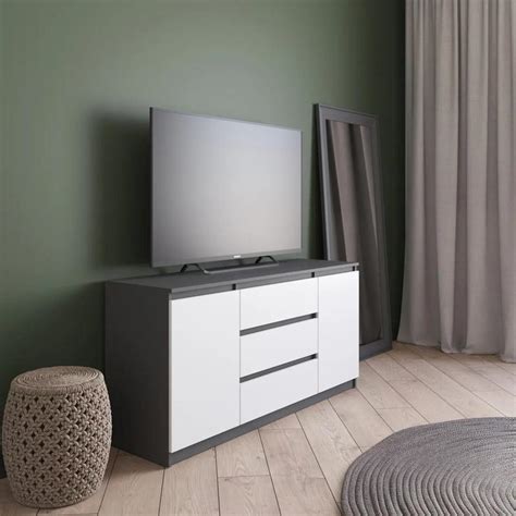 Комод тумба тв на 3 висувних шухляди та дві двері з фасадами без ручок R 15 антрацит білий