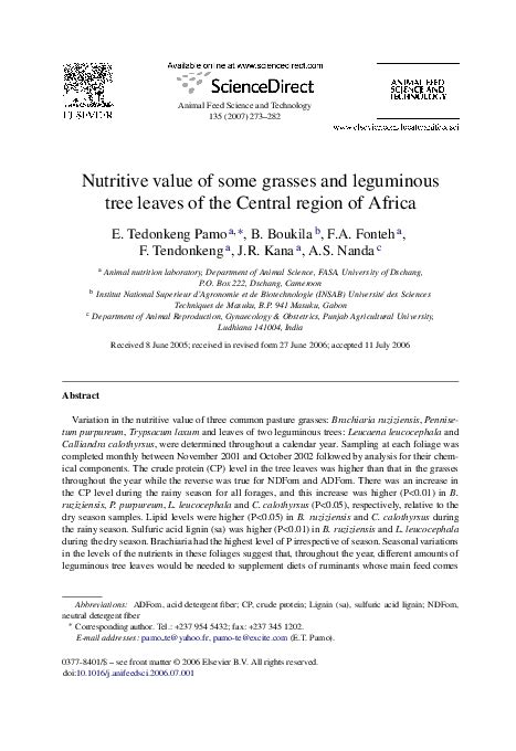 Pdf Nutritive Value Of Some Grasses And Leguminous Tree Leaves Of The