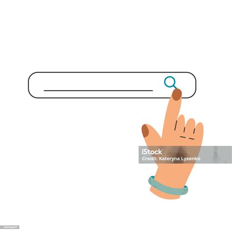 검색 창에서 정보를 검색하는 사람의 손입니다 손가락 누르기 돋보기 아이콘입니다 웹 검색 개념입니다 흰색 배경에 분리된 벡터 스톡 그림입니다 검색에 대한 스톡 벡터 아트 및