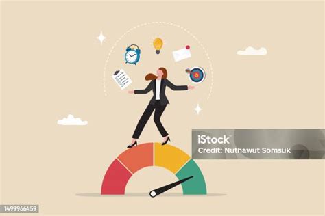 생산성 또는 업무 효율성 직원 성과 또는 업무 성취를 위한 기술 멀티태스킹 작업 또는 성공 인재 개념 고성능의 똑똑한 사업가는