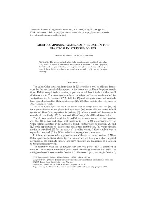 Pdf Multi Component Allen Cahn Equation For Elastically Stressed Solids